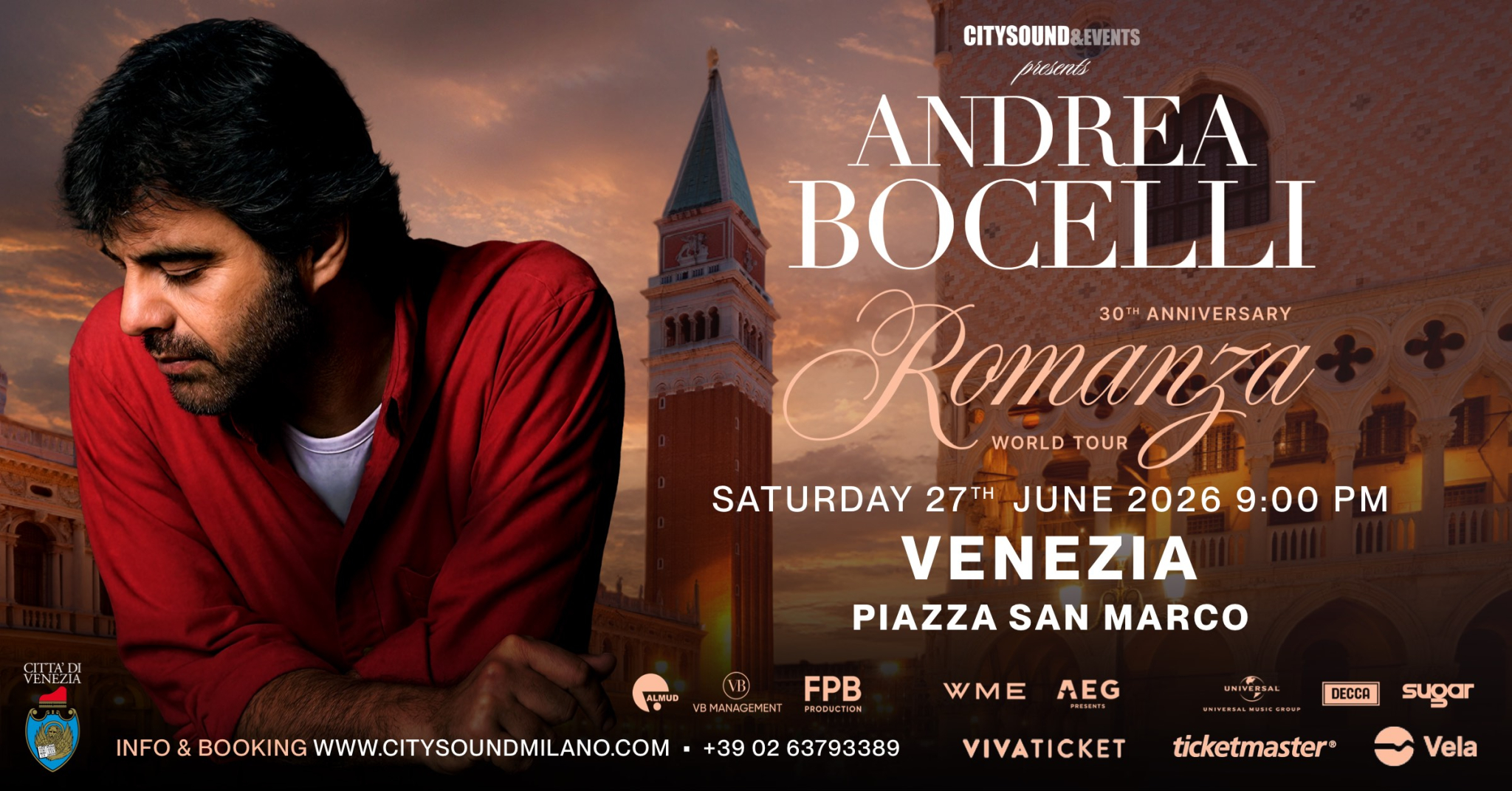ANDREA BOCELLI - PIAZZA SAN MARCO, VENEZIA 2026 - City Sound Milano